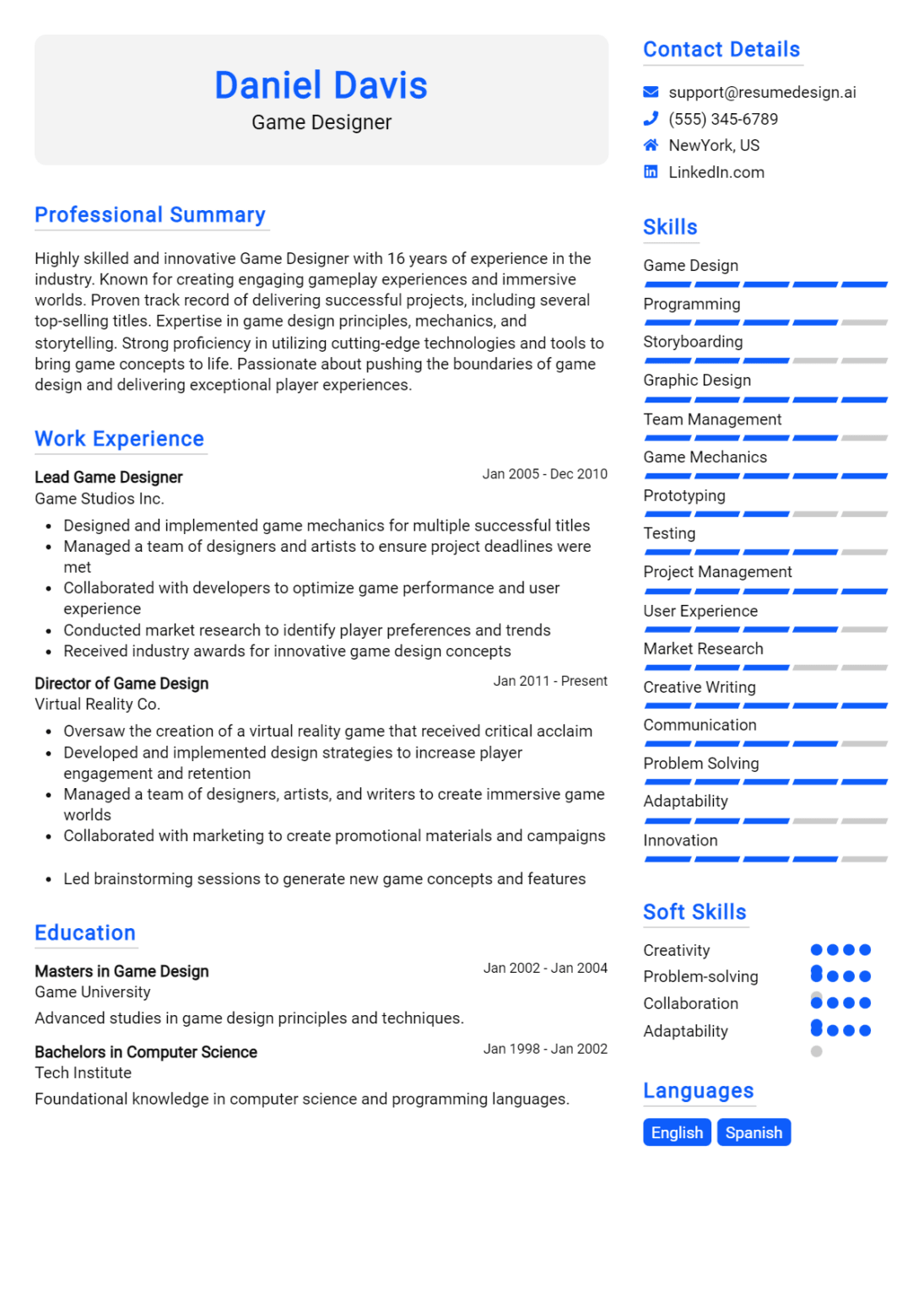 8 Game Designer Resume Examples And Templates for 2025 - ResumeDesign.ai