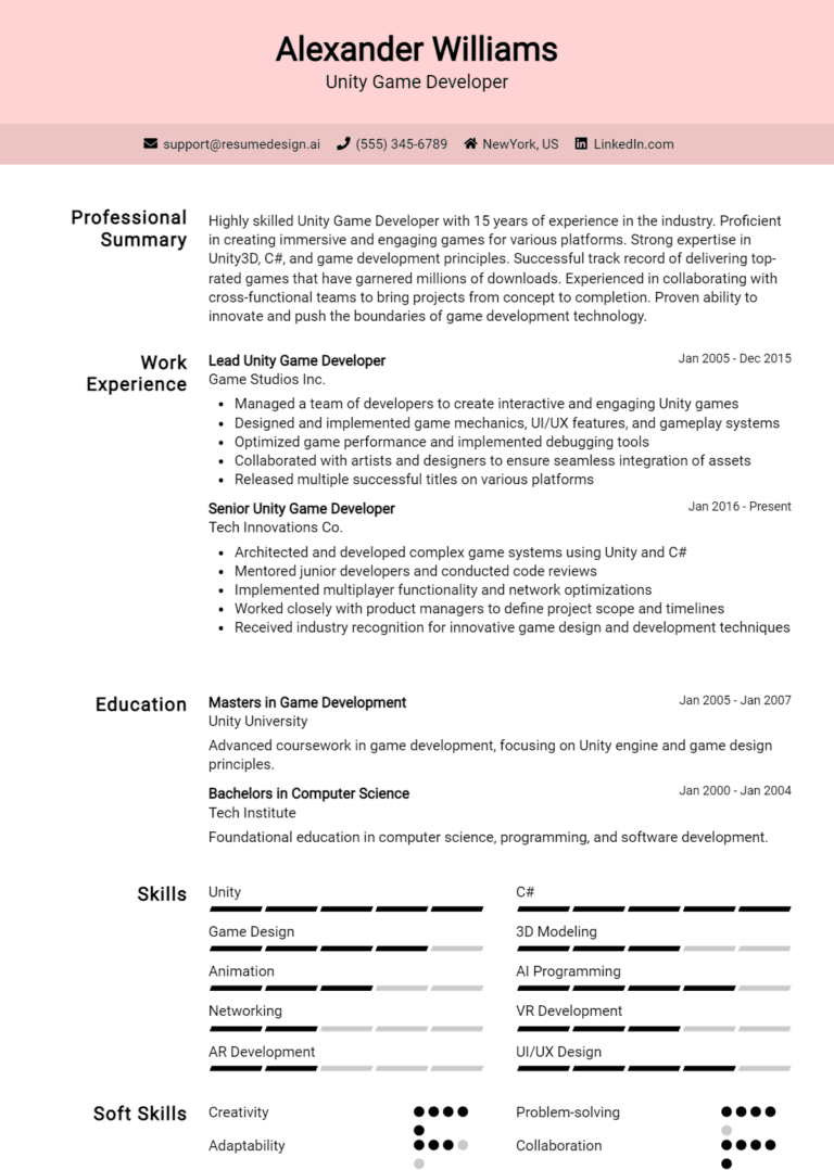 8 Unity Game Developer Resume Examples And Templates for 2025 ...