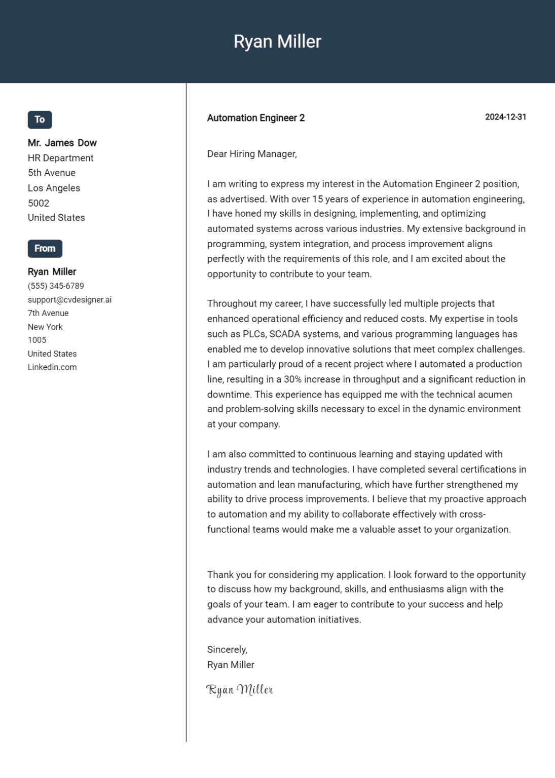 21 Automation Engineer Cover Letter Examples And Templates for 2025 ...
