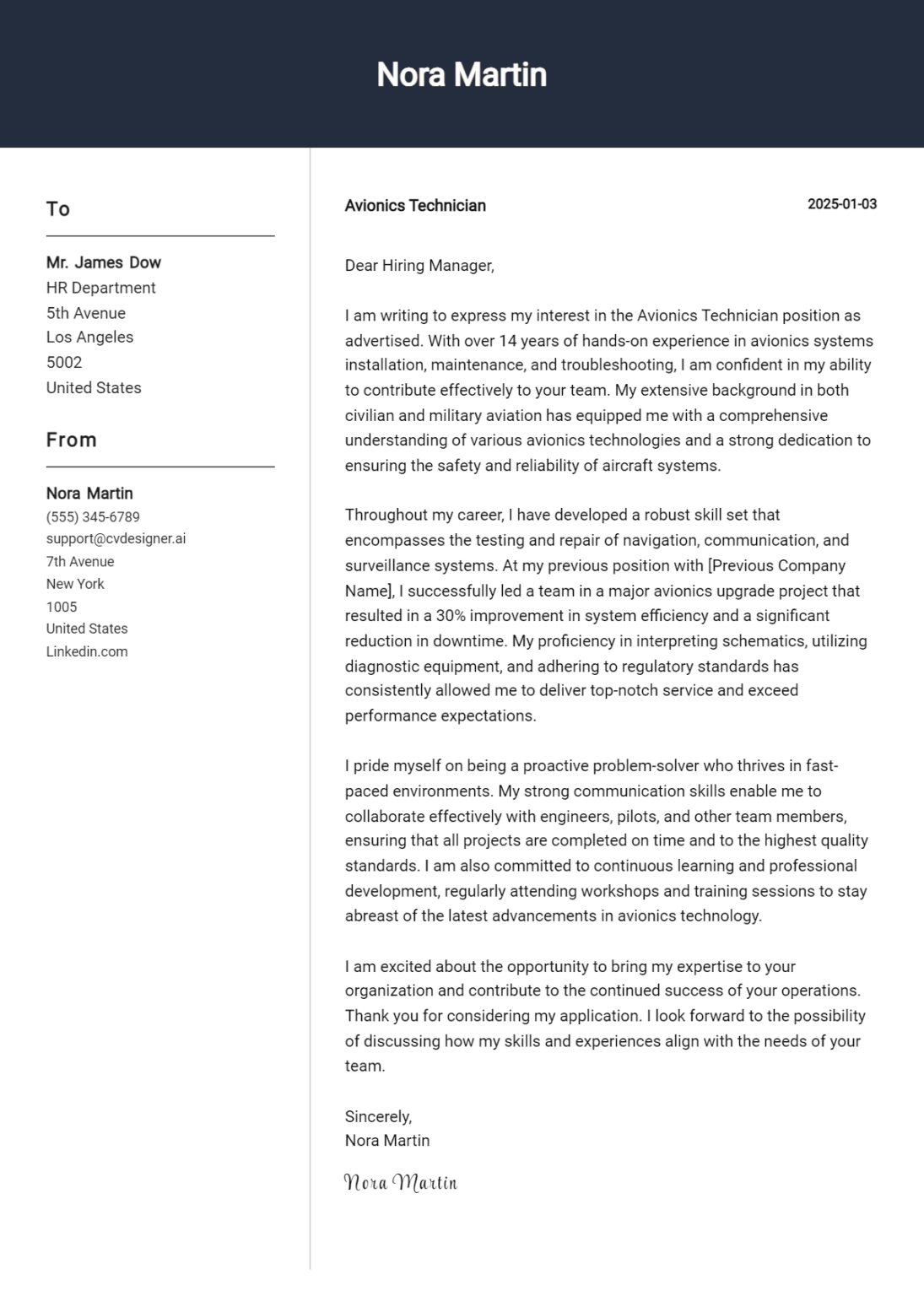 14 Avionics Technician Cover Letter Examples And Templates for 2024 ...