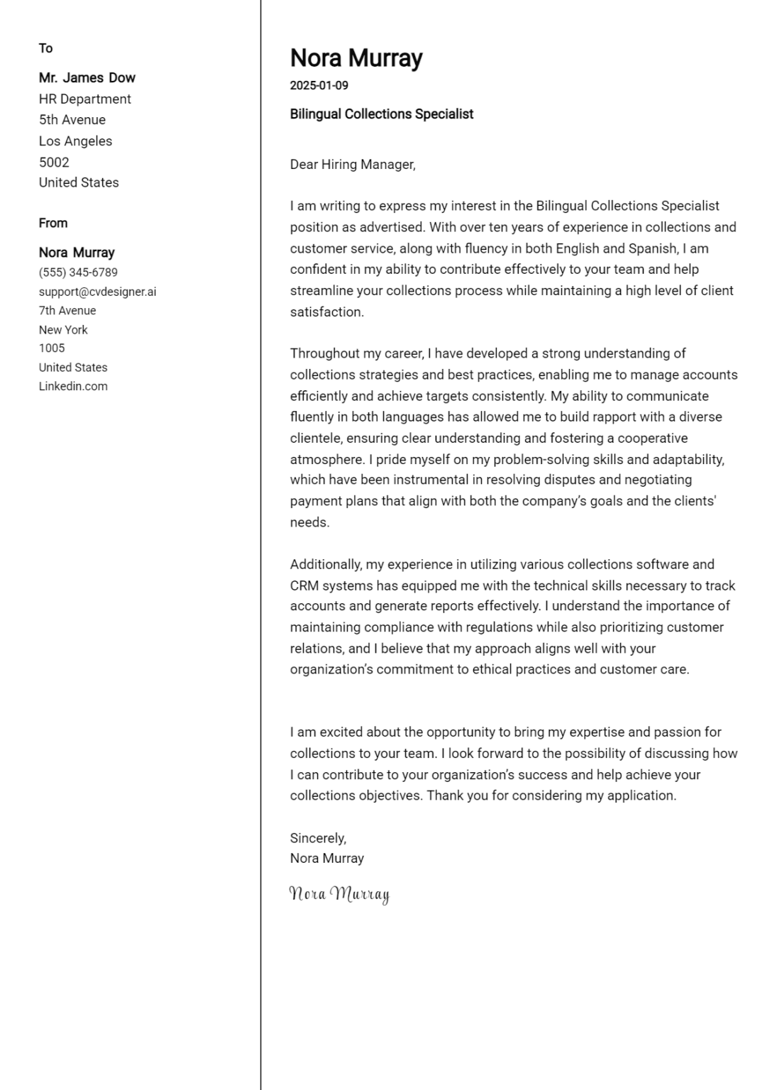 13 Collections Specialist Cover Letter Examples & Samples for 2025 - ResumeDesign.ai