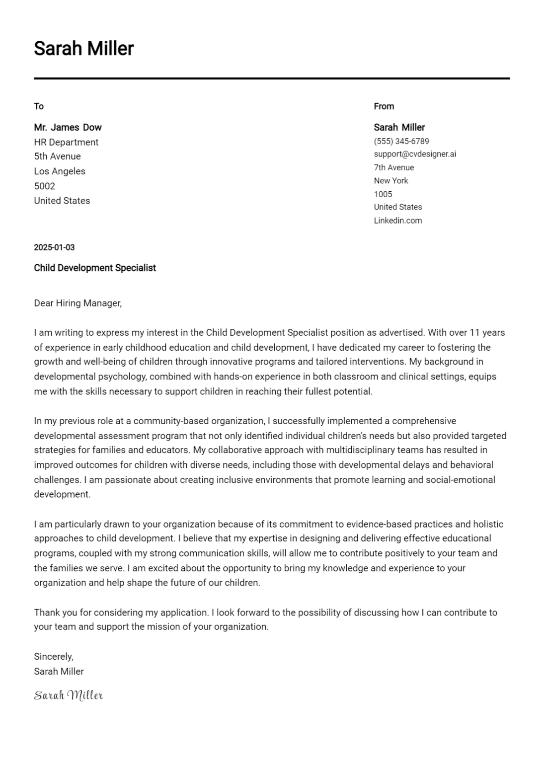 10 Child Development Specialist Cover Letter Examples & Samples for 2025 - ResumeDesign.ai