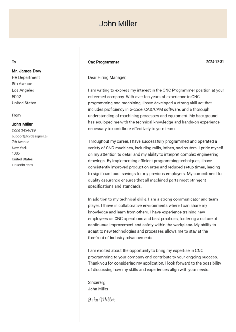 21 CNC Programmer Cover Letter Examples And Templates for 2025 ...