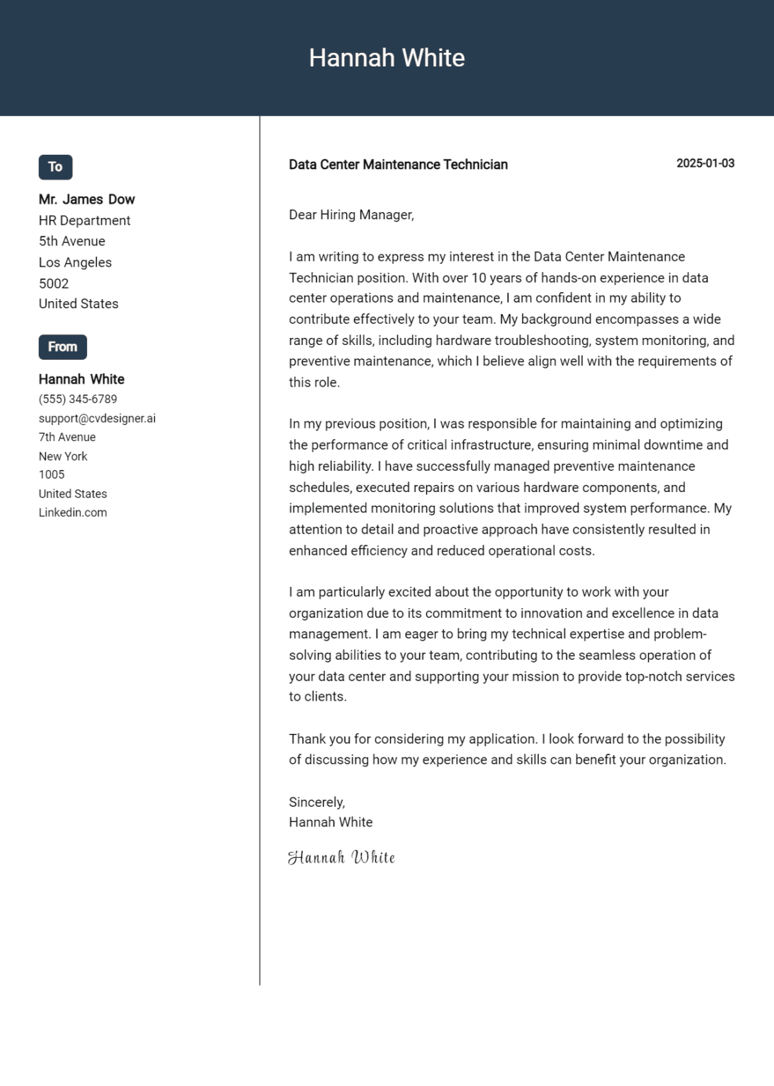15 Data Center Maintenance Technician Cover Letter Examples And ...