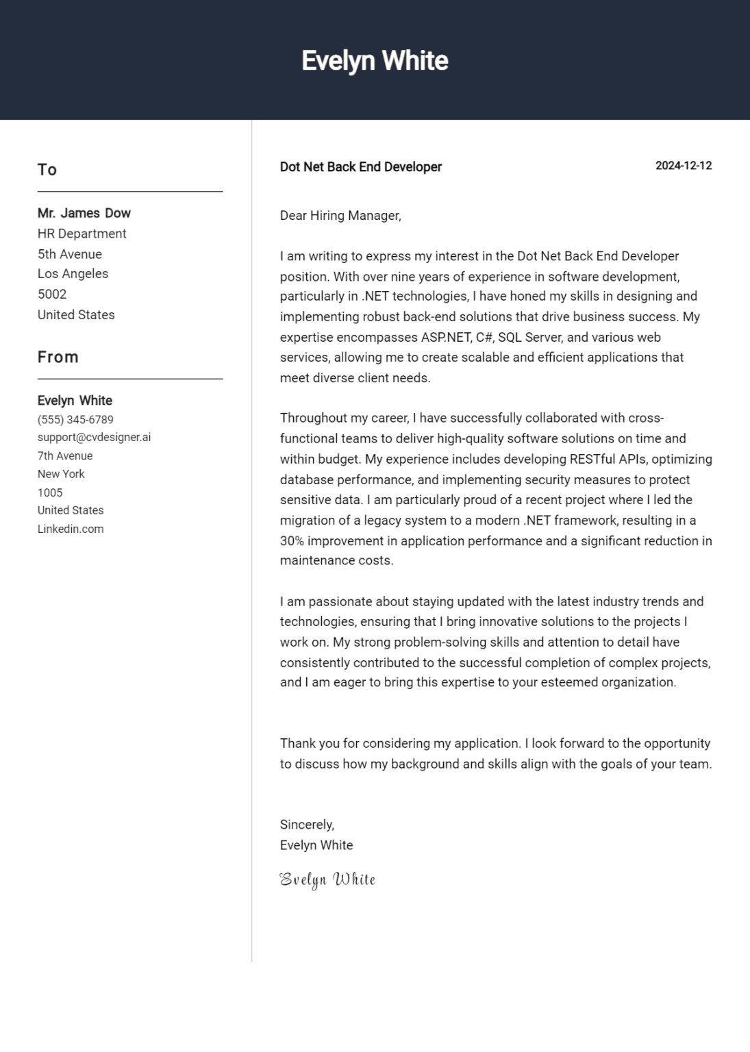 11 Dot NET Back-End Developer Cover Letter Samples & Examples 2025 ...