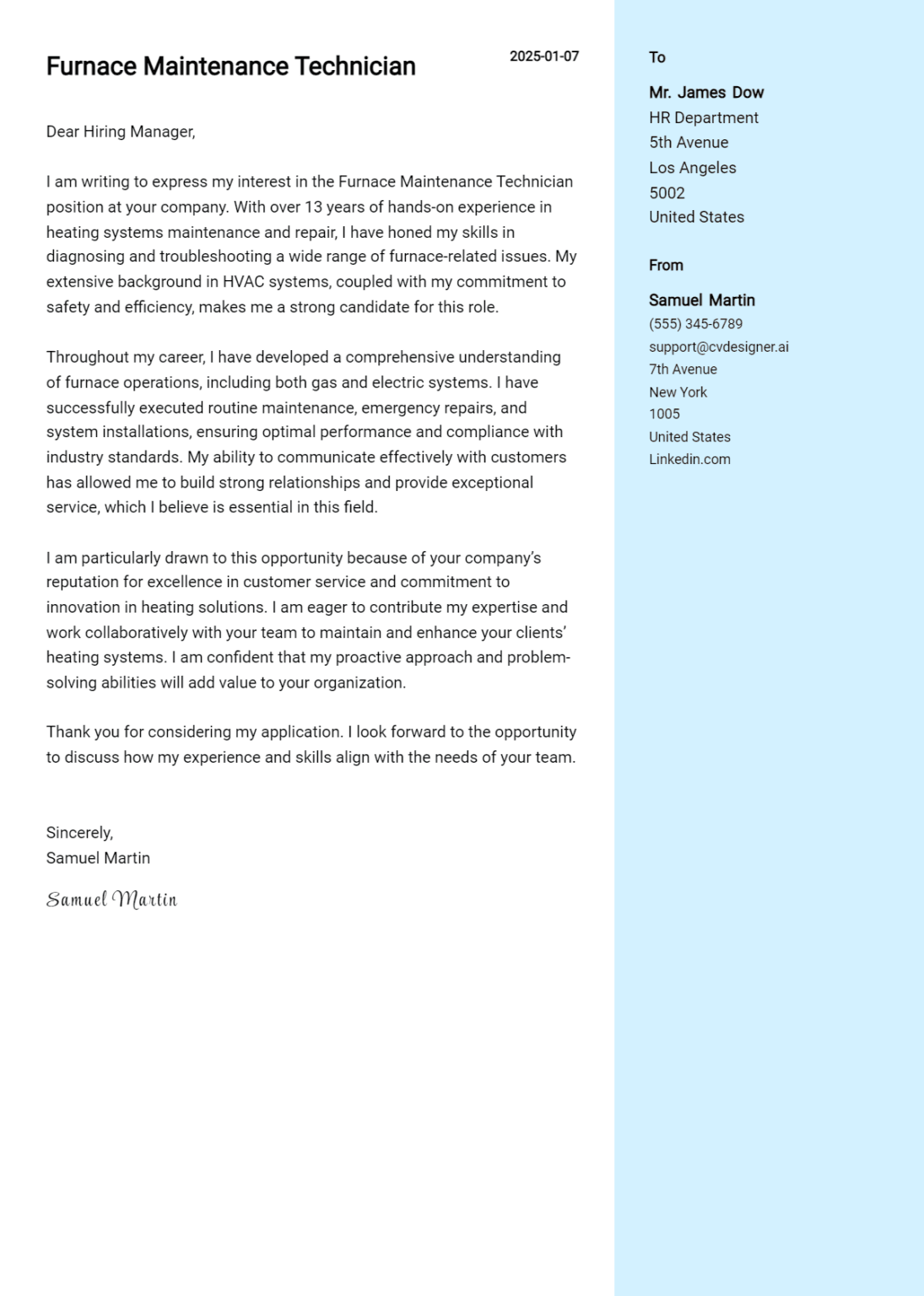 23 HVAC Technician Cover Letter Examples & Samples for 2025 ...