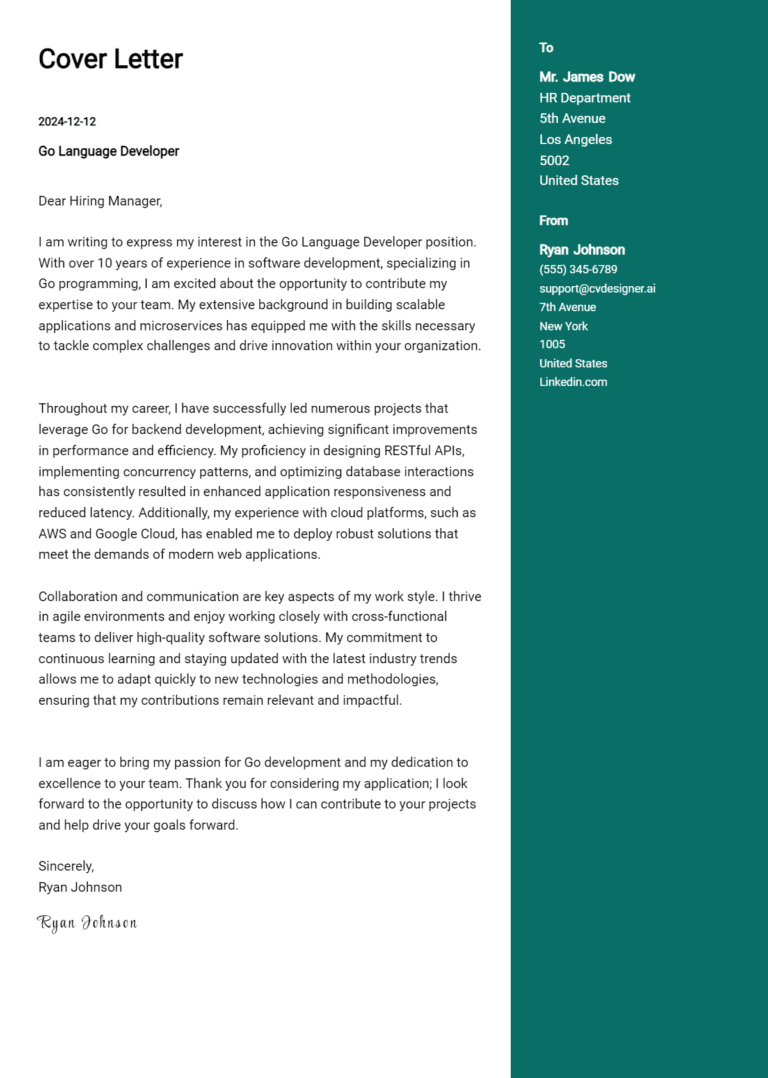 11 Go Language Developer Cover Letter Examples And Templates for 2024 ...