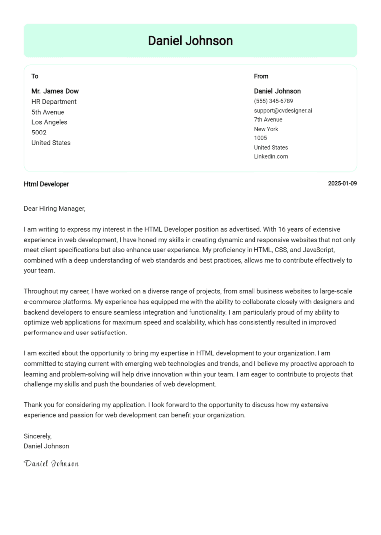 12 HTML Developer Cover Letter Examples And Templates for 2025 ...