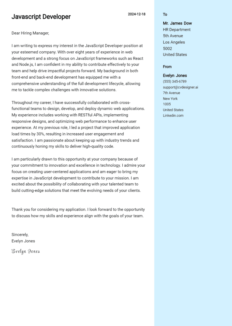 12 JavaScript Developer Cover Letter Examples And Templates for 2025 ...
