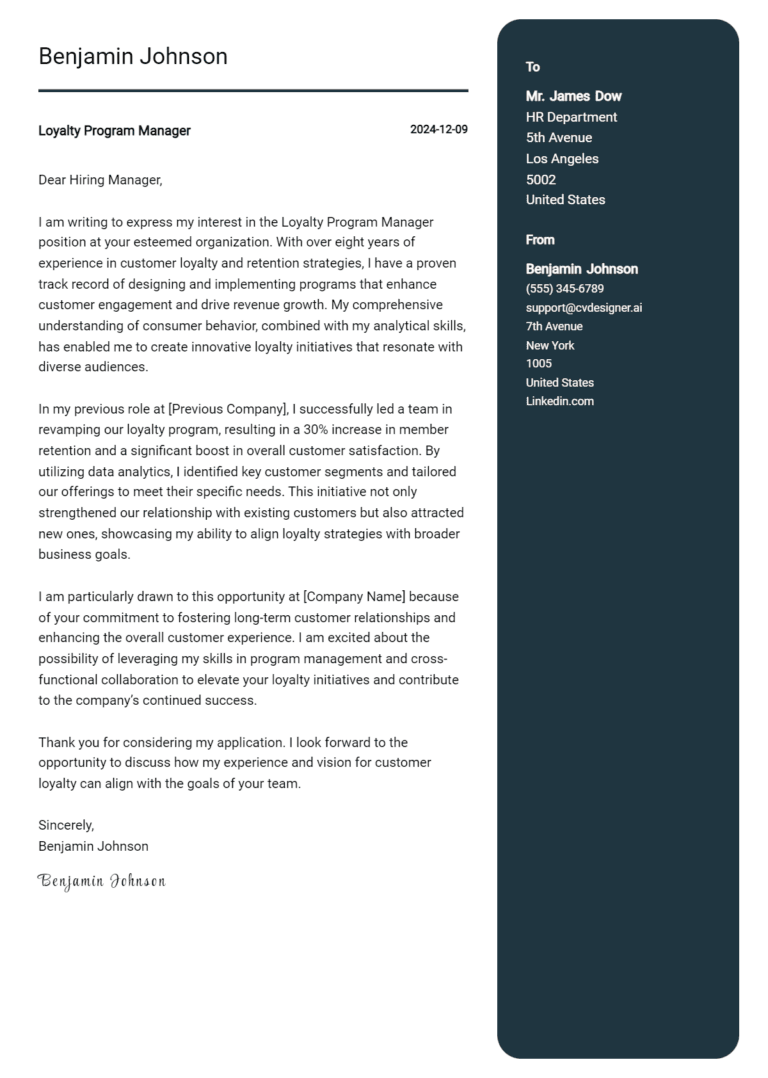 15 Loyalty Program Manager Cover Letter Samples & Examples 2025 ...