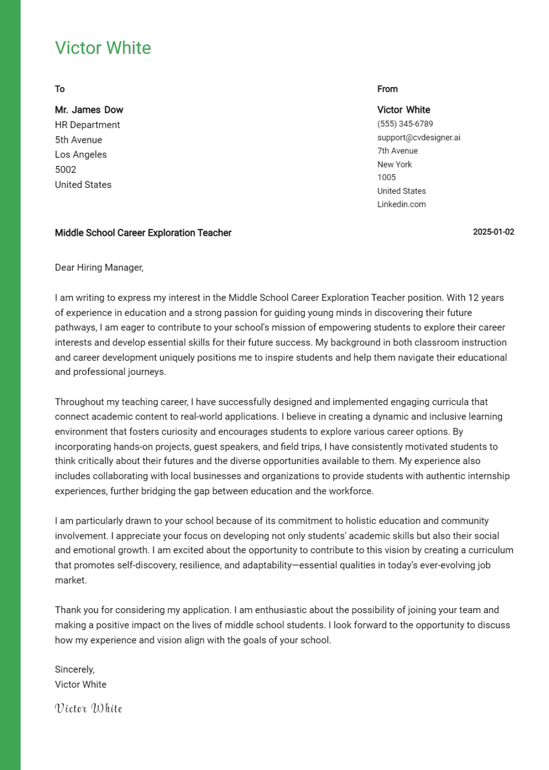 17 Middle School Career Exploration Teacher Cover Letter Examples And ...