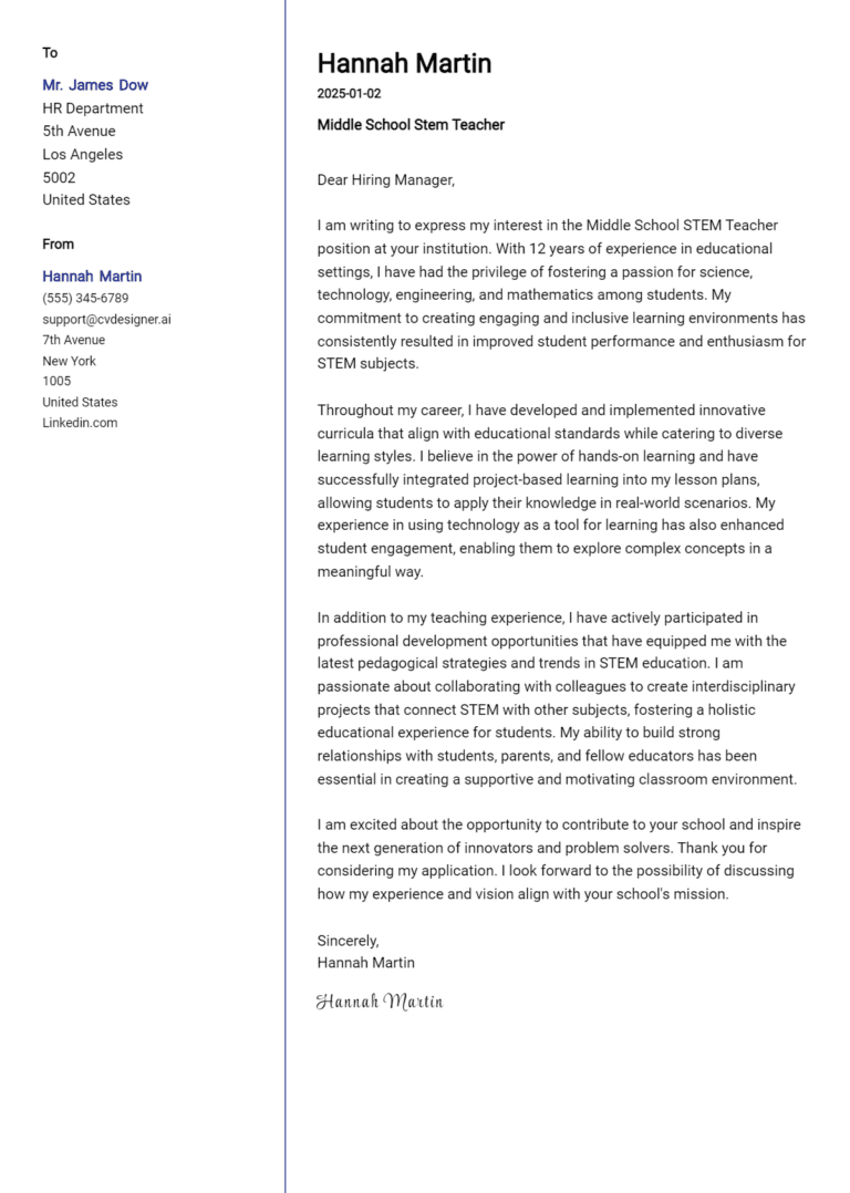 17 Middle School STEM Teacher Cover Letter Examples & Samples for 2024 ...