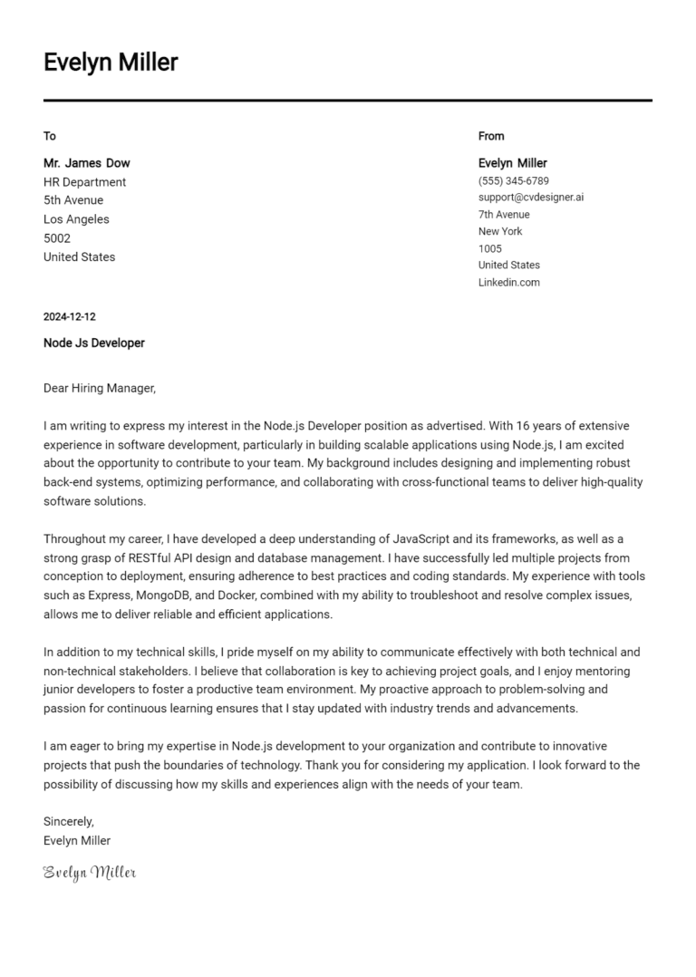 11 Node.js Developer Cover Letter Examples And Templates for 2025 ...