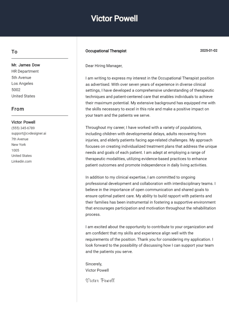 15 Occupational Therapist Cover Letter Examples And Templates for 2025 ...