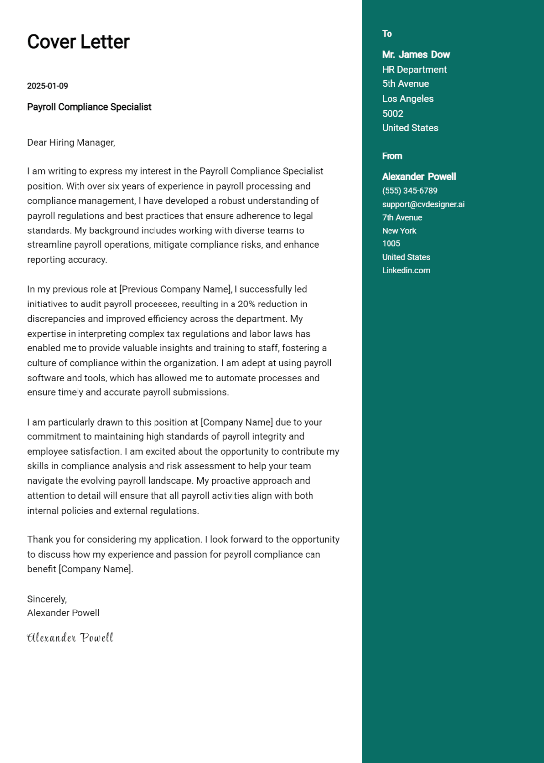 18 Payroll Specialist Cover Letter Samples & Examples 2025 ...