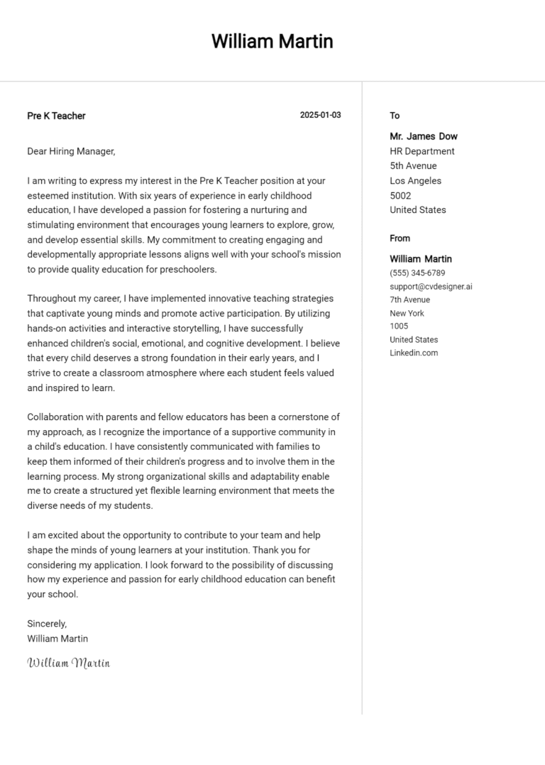 10 Kindergarten Teacher Cover Letter Examples And Templates for 2024 ...